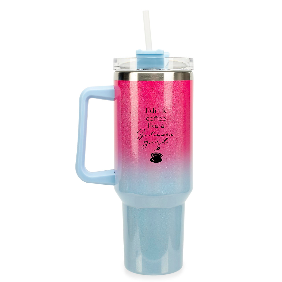 Elanze Designs I Drink Coffee Like A Gilmore Girl 40 oz. Stainless Steel, Large Water Bottle Coffee Mug, Spill & Leak Resistant, Thermal Travel Tumbler with Handle, Lid & Straw, Hot Pink/Sky Blue