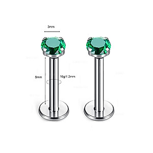 BelezaDosas G23 Titanium Labret Studs Threadless Push Back 16G Lip Tragus Helix Cartilage Earring Piercing Jewelry (1 pair Emerald)