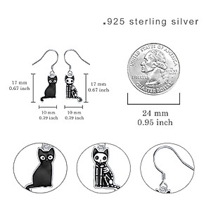 Cute Black Cat Earrings 925 Sterling Silver Halloween Black Cat Skeleton Cat Drop Dangle Earrings Halloween Jewelry for Women