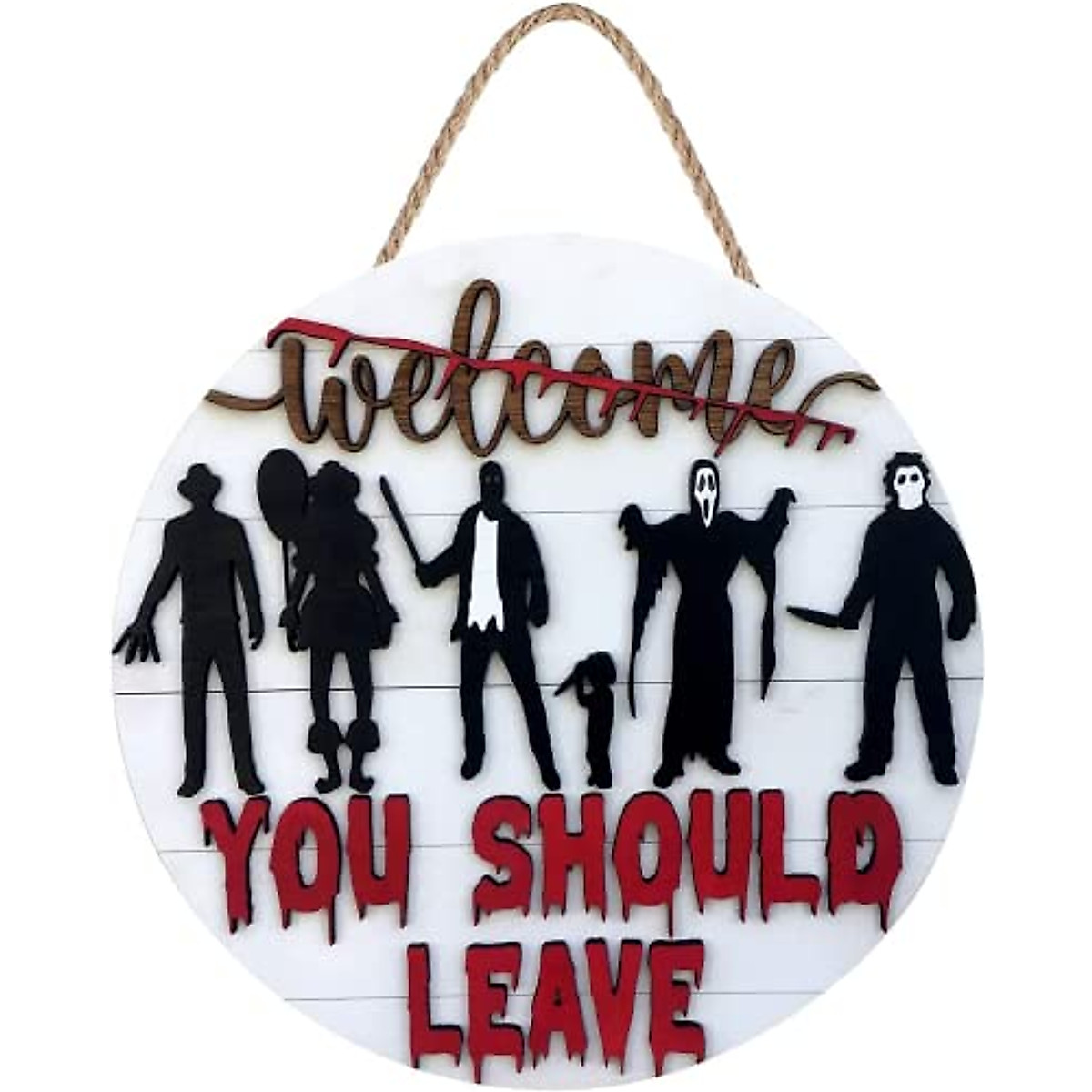 3D Horror Welcome Sign for Front Door Halloween Horror Classic Movie Character Welcome Wooden Door Sign Hanging Decoration,Halloween Wreath for Home Party Indoor Outdoor Porch Wall Decor