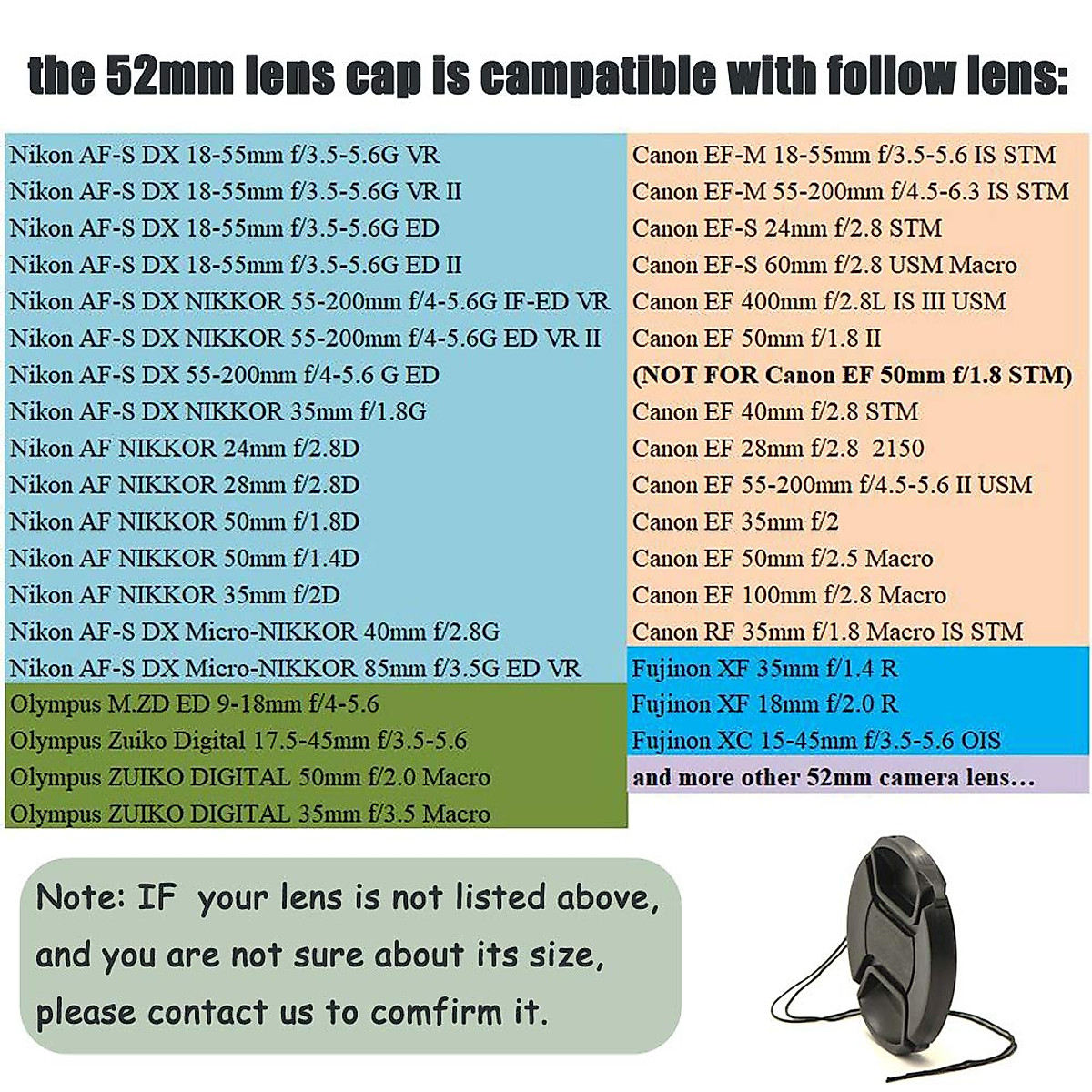 52mm Lens Cap for Nikon D850 D7500 D3500 Camera with AF-S 18-55mm lens，Canon EOS 90D , Rebel T7, 200d ii Camera w/ EF-M 55-200mm 18-55mm Lens，Snoy E w/ Sigma 30mm F1.4 Contemporary DC DN Lens（2 Pack）