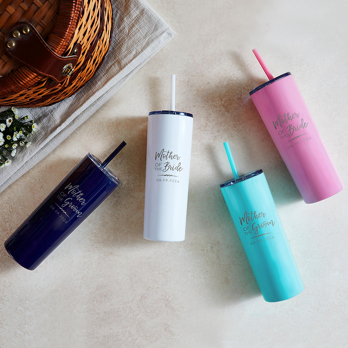 Lifetime Creations Engraved Personalized Mother of the Bride Tumbler, Skinny Stainless Steel Tumbler with Straw 20 oz, Custom Mother of the Bride Gift (White)