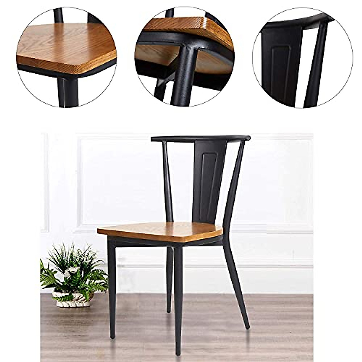 KARMAS PRODUCT 2 Pack Stackable Metal Dining Chairs with Solid Wooden Seat,Restaurant Bistro Cafe Side Chairs,Weight Capacity 500lbs,Black