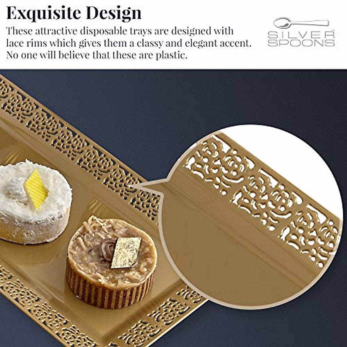Silver Spoons DISPOSABLE LACE TRAYS | for Upscale Wedding & Dining | 6 pc | Gold | 14' x 7 . 5'