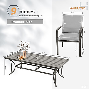 HAPPATIO 9-Piece Patio Outdoor Dining Set - All Aluminum Patio Table and Chairs Set for 8 Includes 1 Rectangular Dining Table and 8 Dining Chairs with Cushions, Patio Dining Set for Lawn, Garden