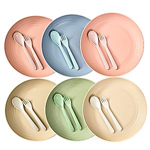 MUSENTIAL 10" Inch Wheat Straw Deep Dish Set (6 Dinner Dishes / Spoons & Forks ) - Dishwasher & Microwave Safe - Unbreakable Reusable Lightweight Eco Friendly & BPA Free Dinnerware