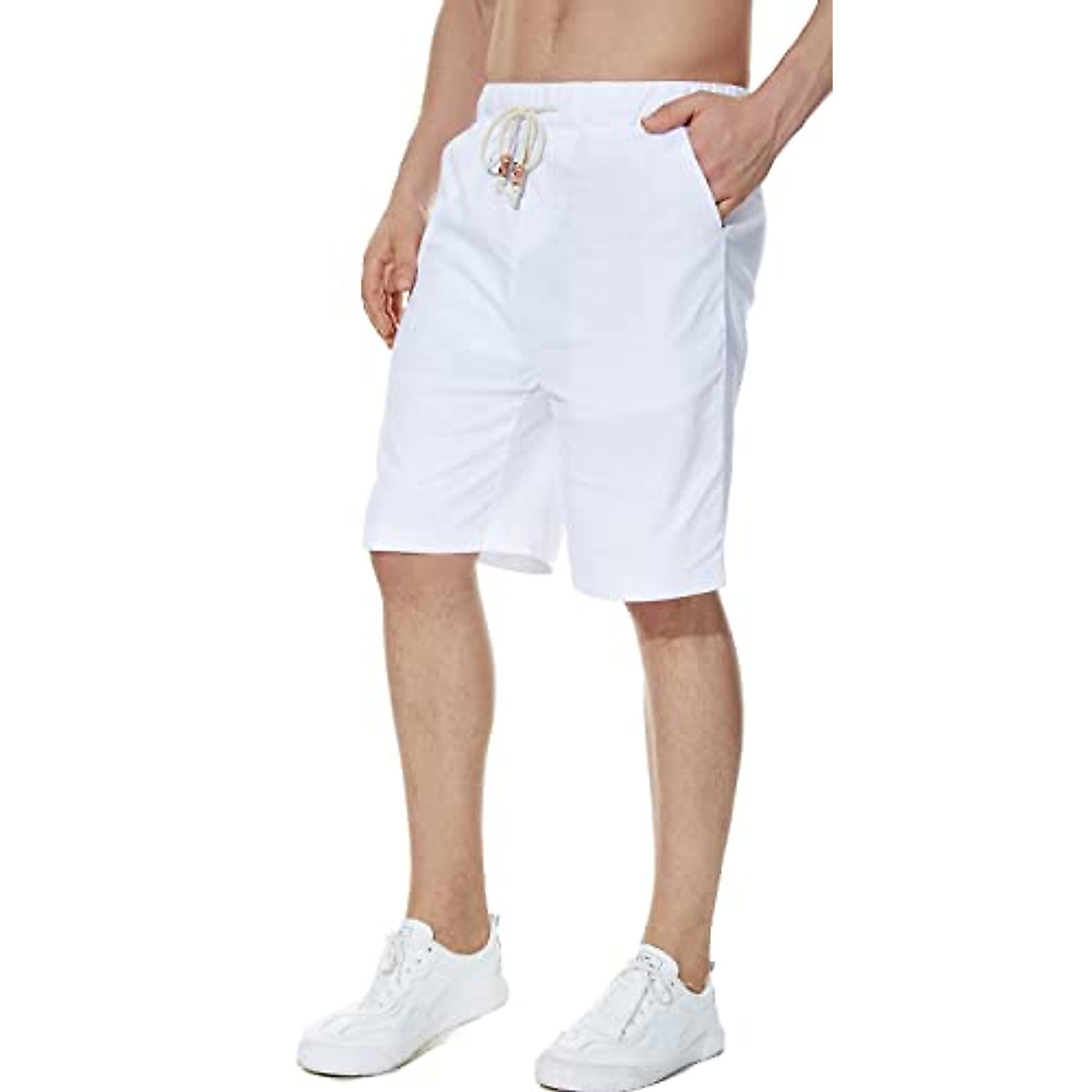 Yuanyi Men's Linen Casual Classic Fit Short Summer Beach Shorts with Elastic Waist and Pockets White XL