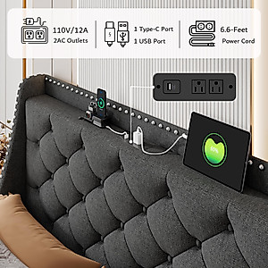 iPormis Queen Bed Frame with 16" Comfort Wingback & Charging Station, Upholstered Platform Bed with Button Tufted Storage Headboard, Solid Wood Slats Support, No Box Spring Needed, Dark Grey
