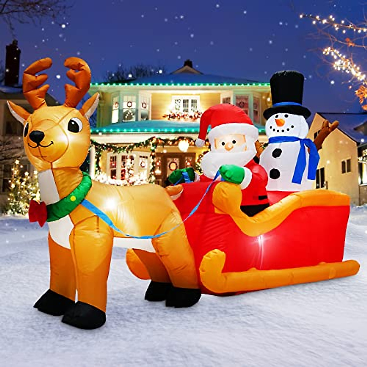 6.6FT Long Christmas Inflatables Santa Claus on Sleigh with Snowman and Reindeer Outdoor Decorations, Giant Blow Up Yard Décor Build in LEDs & Tethers Stakes for Holiday Xmas Indoor Patio Lawn