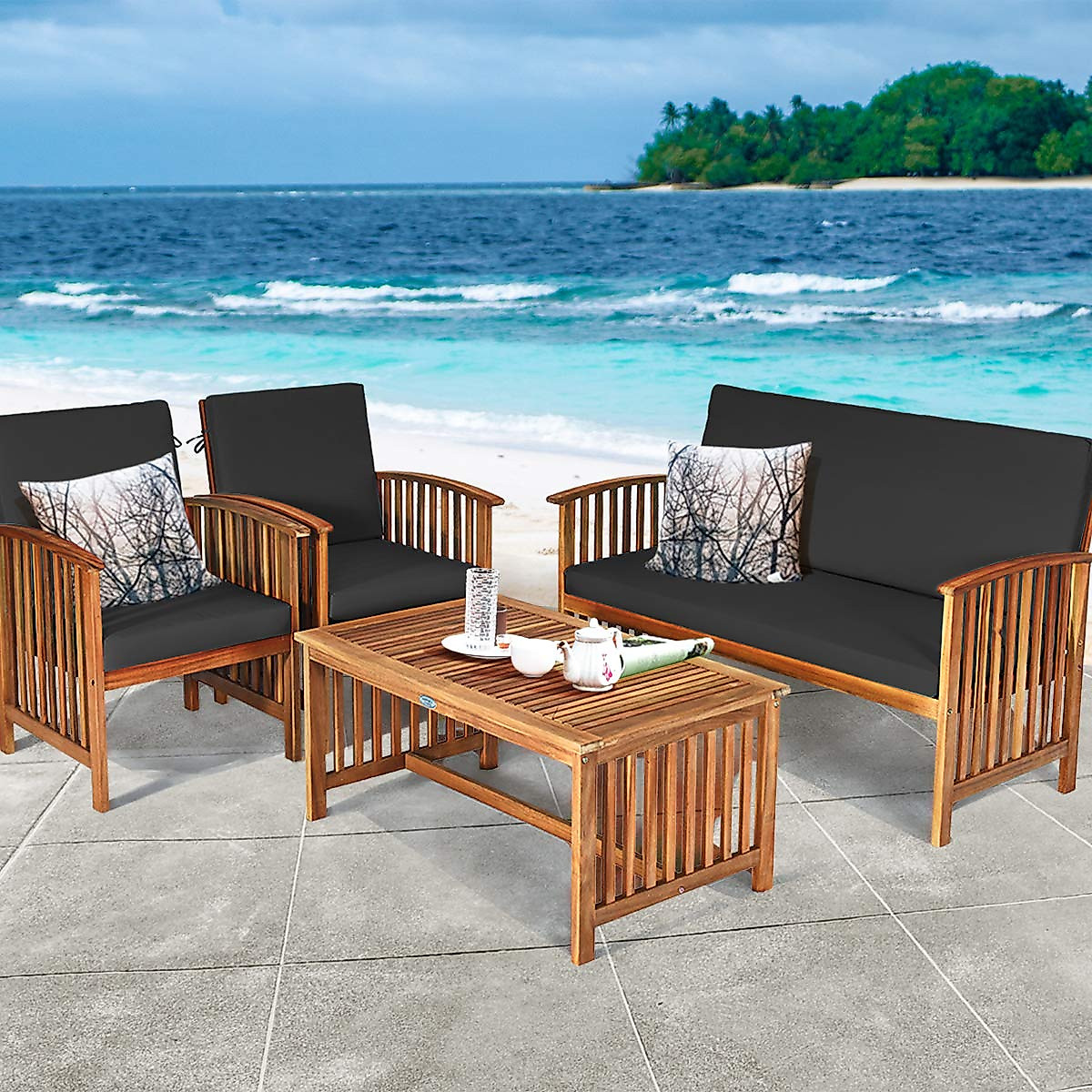 Tangkula Outdoor 4 PCS Acacia Wood Sofa Set w/Water Resistant Cushions, Padded Patio Seating Chat Set w/Coffee Table for Garden, Backyard, Poolside (1, Black)