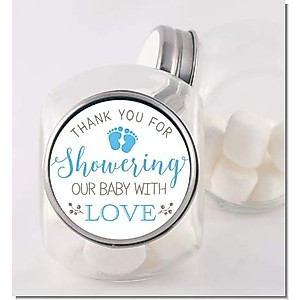 Baby Shower Stickers | Blue | Thank You for Showering Our Baby with Love | 48 Stickers - 1.67 Inches Round | Baby Shower Stickers for Boys | Pitter Patter - Tiny Baby Feet Baby Shower Labels
