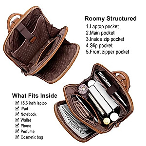 CLUCI Leather Laptop Backpack for Women 15.6 inch Computer Backpack Travel Business Work Large Daypack Off-white with brown and black