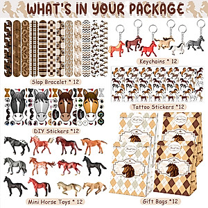 Erweicet Horse Party Favors 72 PCS Slap Bracelets Temporary Tattoos DIY Stickers Keychains Mini Horse Plastic Toys Gift Bags for Cowboys Western Animal Theme Birthday Party Baby Shower
