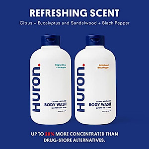Huron Men’s Moisturizing Body Wash - Clean & Woody Scent of Sandalwood, Black Pepper, Cedarwood, & Amber - Made With Coconut Oil, Vitamin E & Witch Hazel - Vegan, Cruelty-Free - 12.2 fl oz