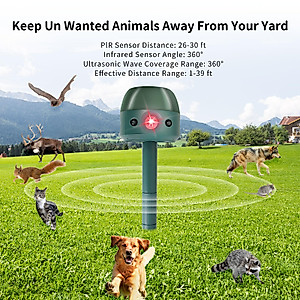 Ultrasonic Solar Animal Repeller for Yard, 5 Modes Outdoor Cat Squirrel Repellent with Motion Sensor, Flame Light, Motor Vibration, Deterrent for Deer Skunk Dog Snake Gophers for Yard Garden