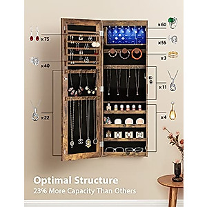 Nicetree 6 LEDs Mirror Jewelry Cabinet with 3 Improvements, 4.2" D Door/Wall Mounted Jewelry Armoire with Full Length Mirror, Larger Capacity, Rustic Brown