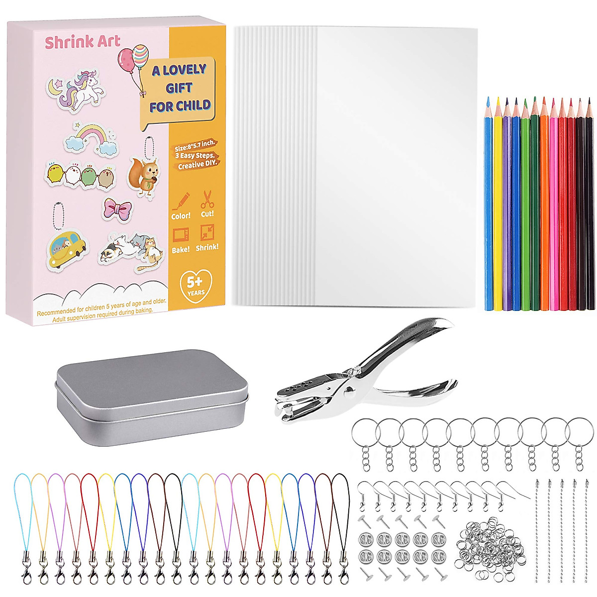 Rawskro 200 Pieces Shrink Plastic Sheet Kit Include 20 Blank Sheets Shrinky Art Paper,Hole Punch,165 Keychains Accessories,12 Colored Pencils for Kids Creative Craft Activities for All Ages