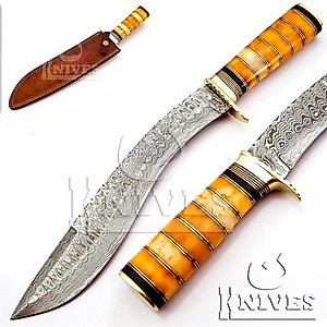 NoonKnives:16" totally custom Hand Made Damascus Steel Collectible kukri Knife Handle colour Camel Bone (orange)