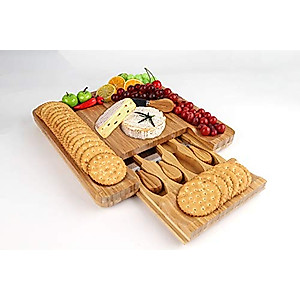 Natural Premium Bamboo Cheese Board - with Slide Out Cheese Knife Drawer, Perfect as a Charcuterie Platter and Wine Serving Tray. Ideal for Birthdays, Weddings or Housewarming Gifts.