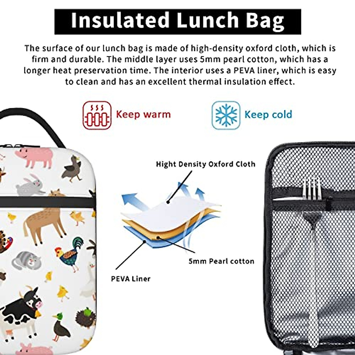 Lizinna Rportable Lunch Bag For Women/Men Insulated,Farm Animals 2,Insulatedreusable Lunch Box For Office Work School Picnic Beach,Leakproof Cooler Tote Bag