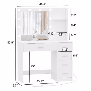Keehusux Vanity Table with Mirror and Lights, 3 Lighting Colors, Bedroom Makeup Vanity with Charging Station, Makeup Desk with 5 Drawers and Open Storage Shelves, White KES001WSZT