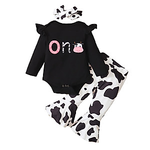 Detigee 1st Birthday Outfit for Girls Cow Birthday Outfit Infant First Birthday Clothes (Black,12-18 Months) (A1019A)
