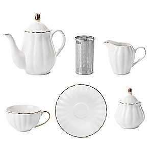 BTaT - Classic tea set, 13 pcs, Tea Cups (7oz), Tea Pot (32oz), Creamer and Sugar Set, Porcelain Tea Set, White Tea Set, Tea Pot Sets with Cups, Coffee Serving Set, Mother's Day Gift