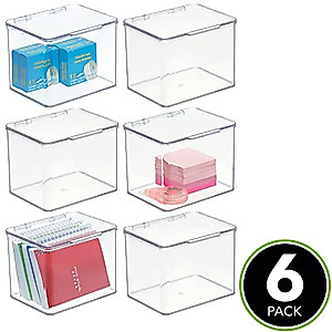 mDesign Small Plastic Home Office Storage Organizer Box Containers w/Hinged Lid for Desktops - Holds Pens, Pencils, Sticky Notes, Highlighters, Staples, Supplies - Lumiere Collection - 6 Pack - Clear