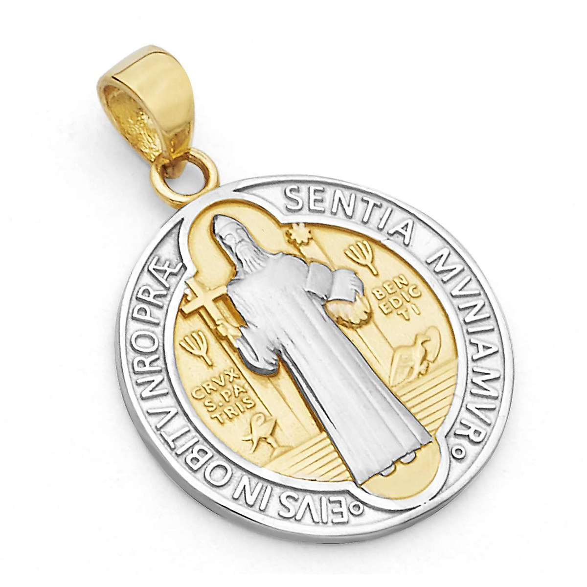 14k REAL Two Tone Gold Saint Benito Medal Charm Pendant (Size : 20 x 13 mm)