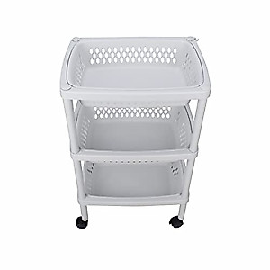Ruishetop 3 Layers Plastic Rolling Storage Cart Vegetable Organizer Shelf Rack Storage Tower Utility Cart with Wheels and Removable Baskets, for Kitchen Laundry Room Bathroom Office Home (White)