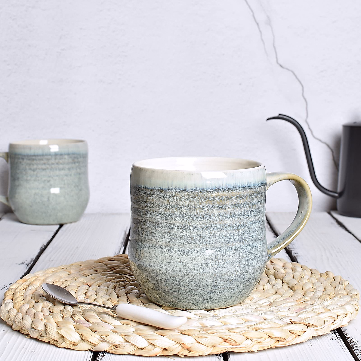 Bosmarlin Large Ceramic Coffee Mugs Set of 2, 17 Oz, Big Tea Cup for Office and Home, Dishwasher and Microwave Safe (Willow Green, 2)