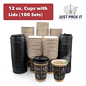 JUST PACK IT [12 oz - 100 Sets with Lids] PREMIUM Paper Hot Coffee Cups with Resealable Lids - Leak Free To Go Disposable Hot Beverage Drinks