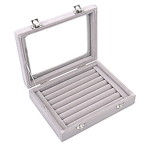 Ivosmart 7 Slots Velvet Glass Ring Jewelery Display Storage Box Tray Case Holder Earring Organizer Stand Grey