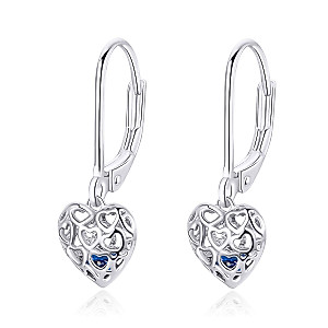 Dangle Drop Heart Hoop Earrings 925 Sterling Silver Dainty Hollow Out Bule Crystal Stud Leverback Earring Best Friend Cute Jewelry for Women