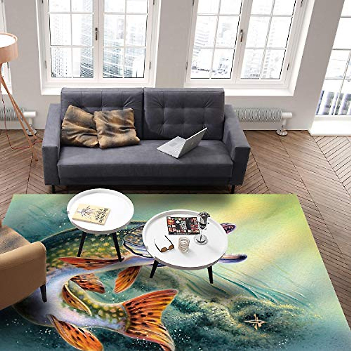 Indoor Area Rugs, 3D Bass Fish Roaring Design Pattern Non-Slip Rubber Backing Rug, Non-Shedding Floor Carpet Washable Throw Rug for Living Room Bedroom Dining Home, 2' x 3'