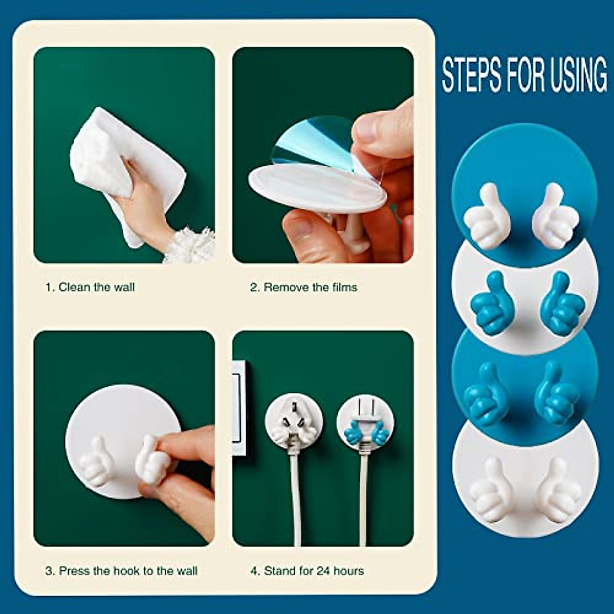 ASWANKA Utility Wall Hooks, Plug Storage Hooks, Damage Free Adhesive Wall Hooks for Hanging, Wall Hangers Without Nails for Hanging in Living Spaces, Kitchen, Bathroom, 6pcs Mixed