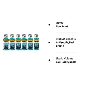 Listerine Cool Mint Antiseptic Mouthwash for Bad Breath, Travel Size 3.2 oz - Pack of 6