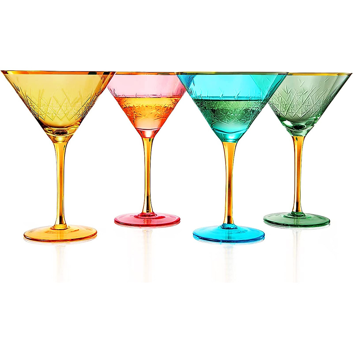 Crystal Martini Glasses Colored - Set of 4 - Stemmed Multi-Color Glass, Great for all Drink Types and Occasions - Luxury, Durable, Hand-Blown Vintage Art Deco Coupe for Champagne, Martini, Cocktails