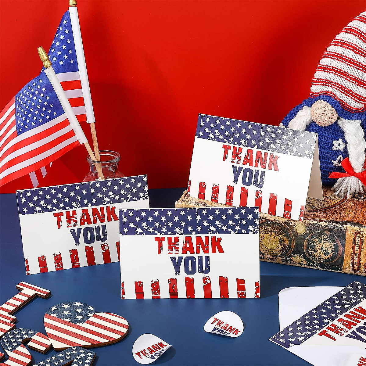 Whaline 30Pcs Patriotic Greeting Cards American Flag Thank You Cards Retro 4th of July Note Card with Envelops and Adhesive Stickers for Independence Day Party Favor Supplies, 4 x 6inch