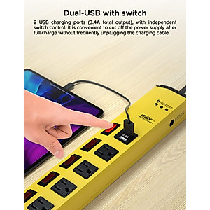 Surge Protector Power Strip with USB, Individual Switches and Flat Plug, CRST ECO-Friendly 6-Outlet Metal Heavy Duty Power Strip (1200 Joules) Circuit Breaker, 6-Feet 14AWG Cord (with Fastening Tie)