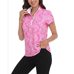 LRD Women's Golf Polo Shirts Short Sleeve Tennis Shirt UPF 30 Quarter Zip Up Pink Paisley/White - L