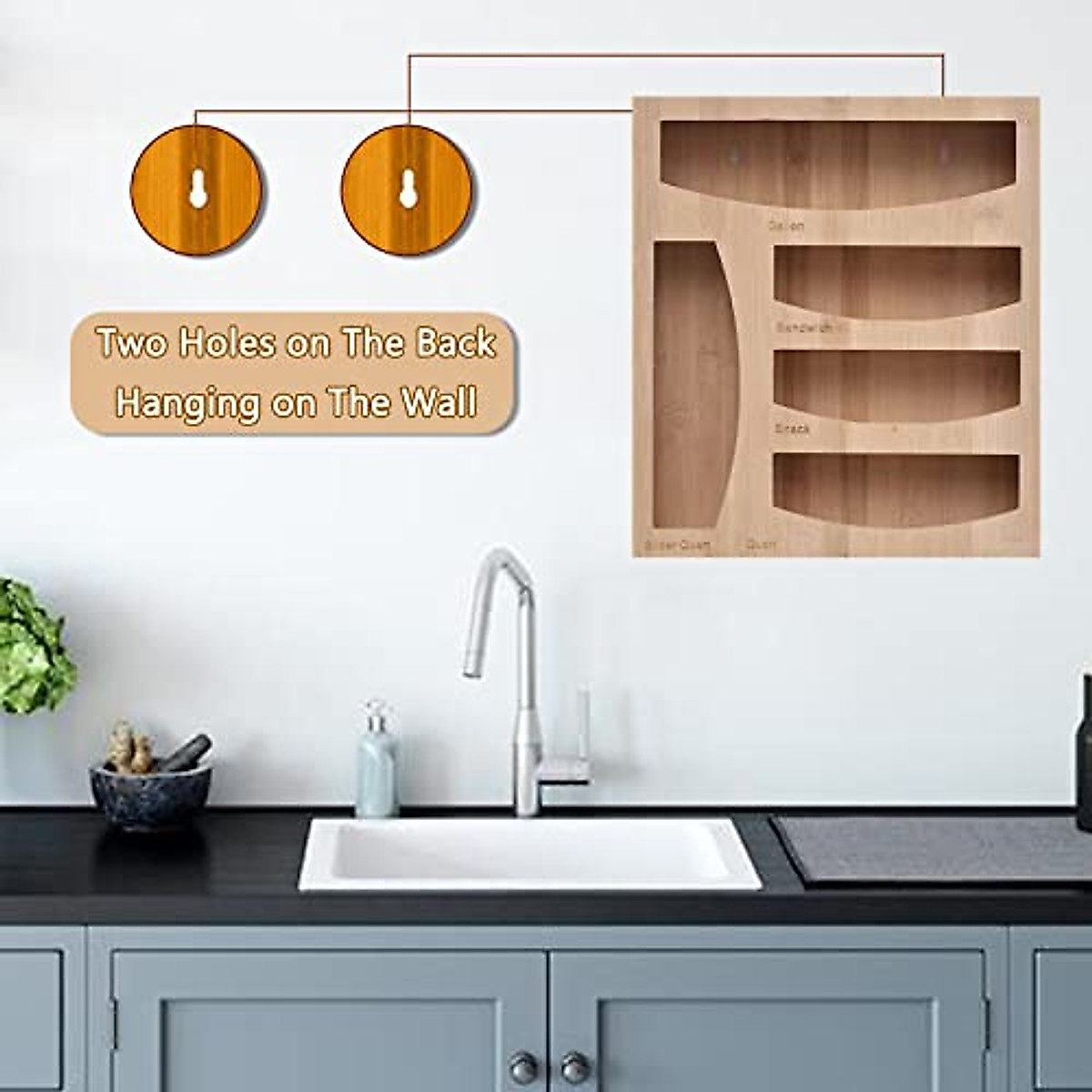 Sandwich Baggie Organizer, 5 Slots Ziplock Bag Storage Organizer, Bamboo Ziplock Bag Storage Organizer, for Kitchen Drawer & Wall Mount, Suitable for Gallon, Quart, Sandwich, and Snack Bags