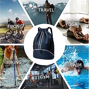Valleycomfy Sports Drawstring Backpack - Water Resistant String Bag with Side Mesh Pockets Shoe Compartment Gym Backpack for Women & Men Navy Blue