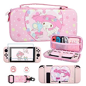 FUNDIARY Pink Bunny Theme Carrying Case for Nintendo Switch, Cute Storage Bag Accessories Bundle for Switch with TPU Protective Cover, Screen Protector, Adjustable Shoulder Strap and 2 Thumb Grips