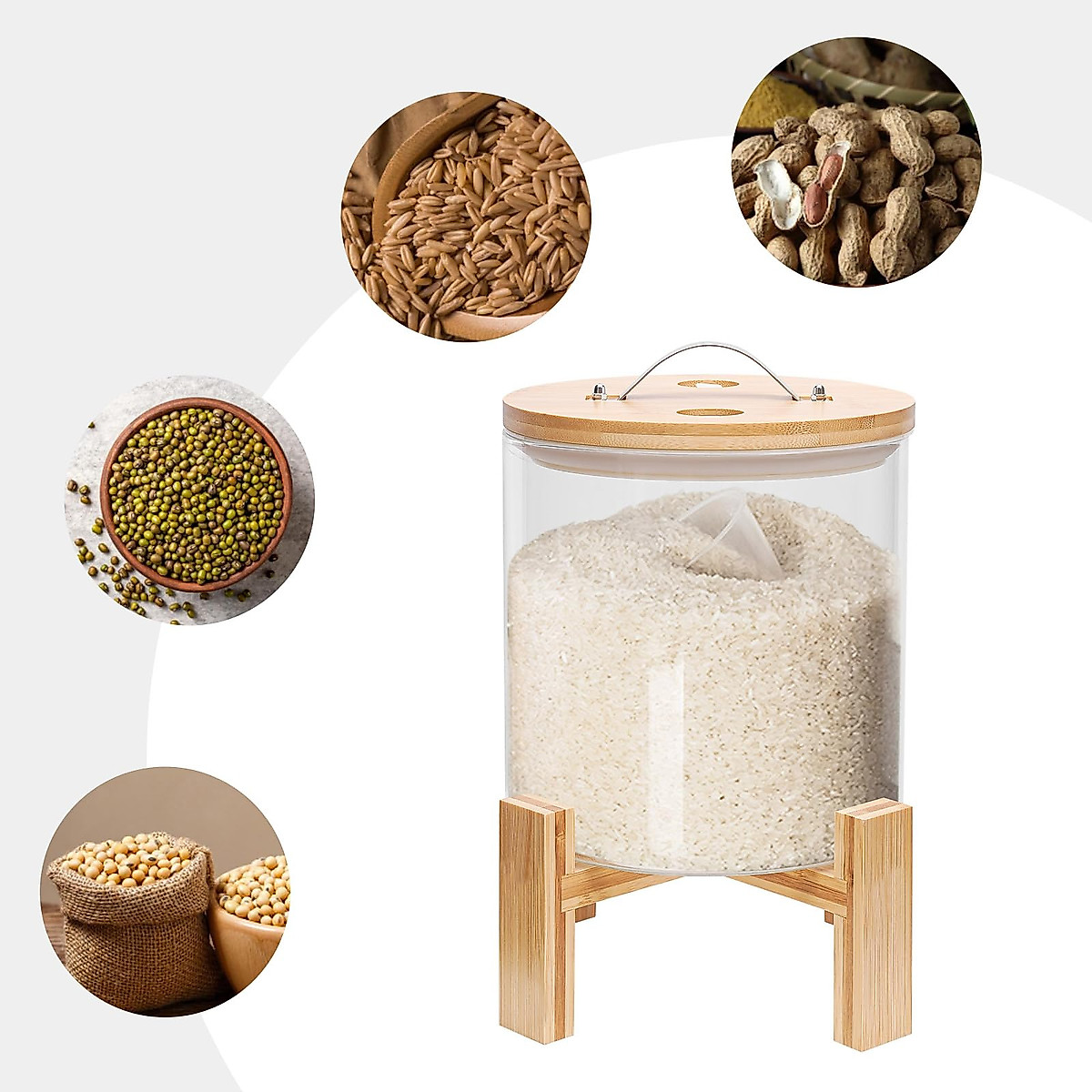 BuYouZaiLaa Glass Cereal Dispenser Rice Storage Container with Airtight Lid Stand and Measuring Cup Flour and Cereal Container for Kitchen Organization and Pantry Store (5L)