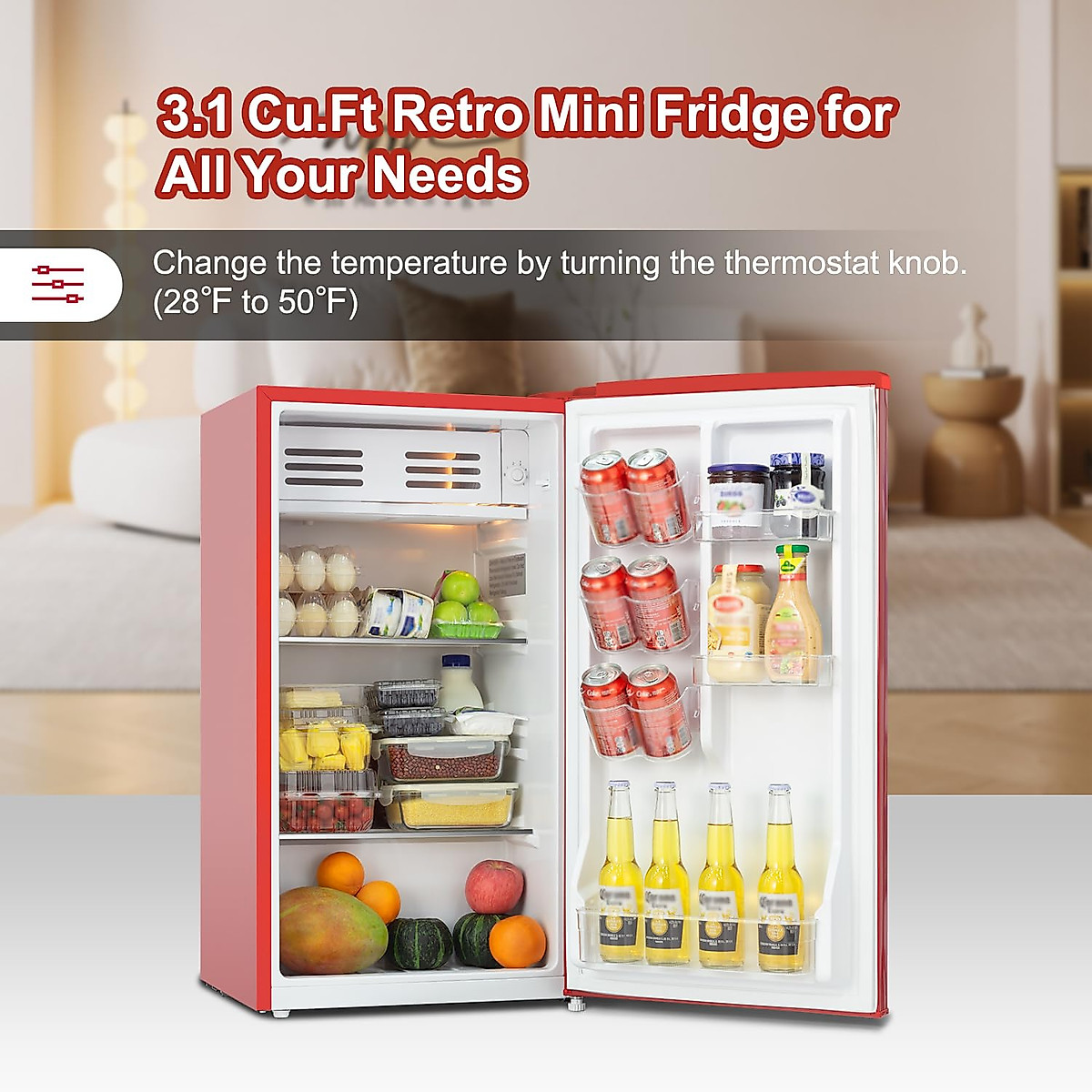 Frestec 3.1 CU' Retro Mini Refrigerator, Compact Refrigerator, Small Refrigerator with Freezer, Red (FR 310 RRED)