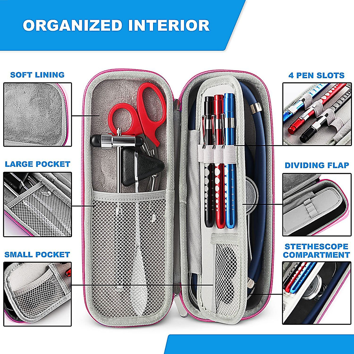 Primacare KB-9397-PK Stethoscope Case, SUPPLIES INCLUDED, Pink with Multiple Compartments, Portable and Lightweight First Aid Kit Bag with Vital Medical Supplies, Nursing Accessories for Nurses