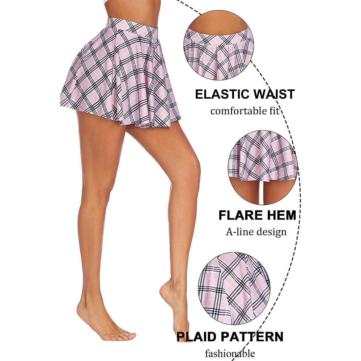Avidlove Women's Mini Plaid Skirt Stretchy Elastic Waist Flared Casual Mini Skater Skirt