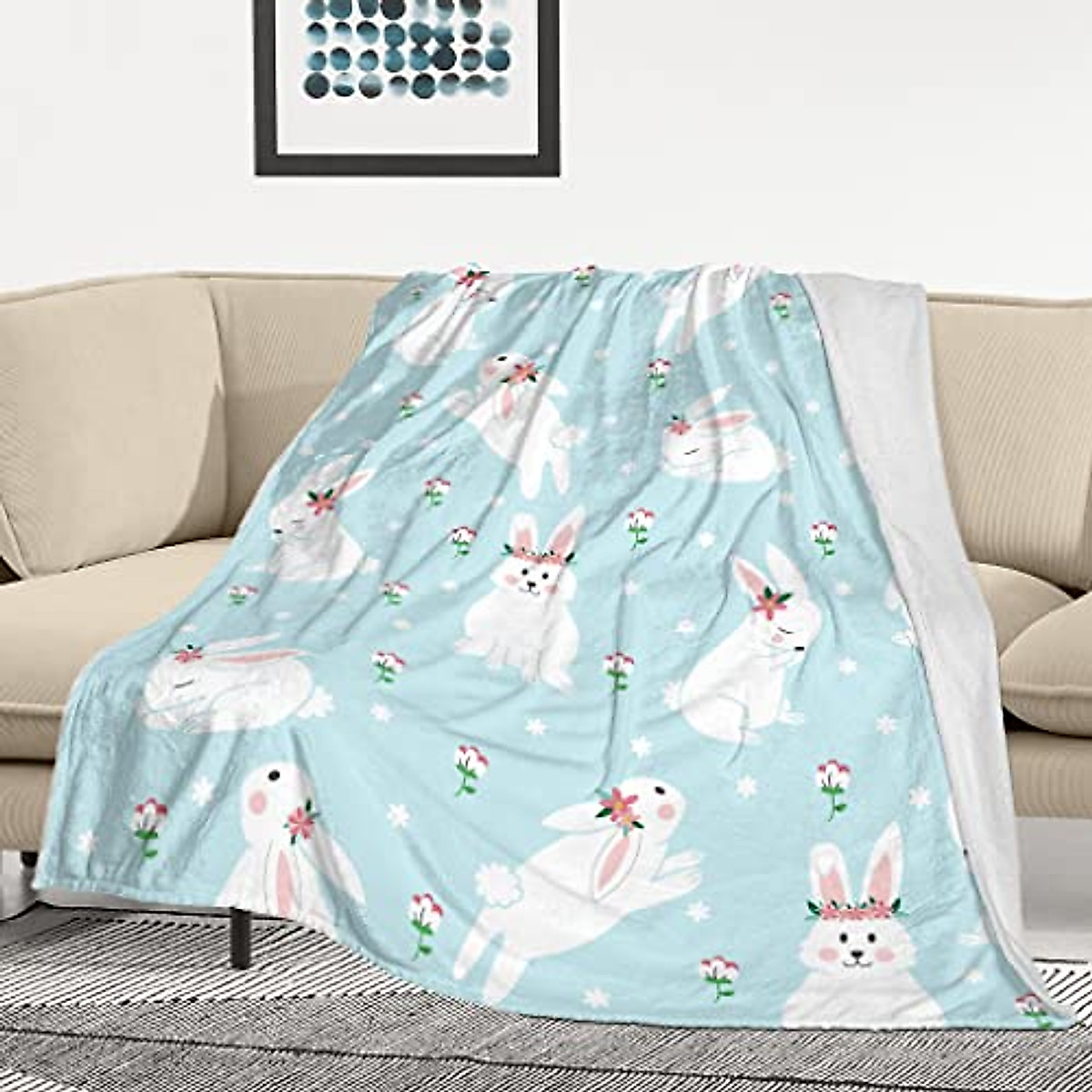 FJPT Easter Spring Throw Blanket Bunnies and Flowers Throw Cozy&Soft Plush Blankets for Couch Bed Sofa Travelling Camping for Adults/Kids - Blue White (30" x 40")