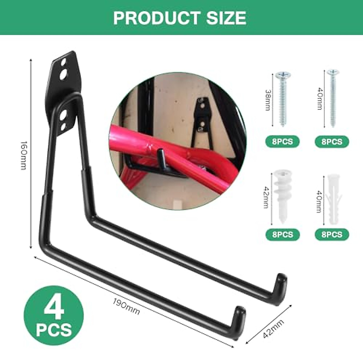 Fippy 4PCS Heavy Duty Garage Hooks for Hanging Tools, 7.5inch Large Garage Storage Hooks, Utility Wall Mount Garage Hooks for Hanging Ladder Bikes Ropes Yard Tools (Black, Large U)